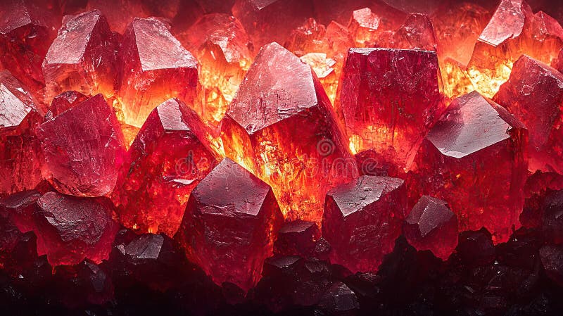 Luminous Red Crystals Glow with Inner Fire in a Close-up, Revealing ...