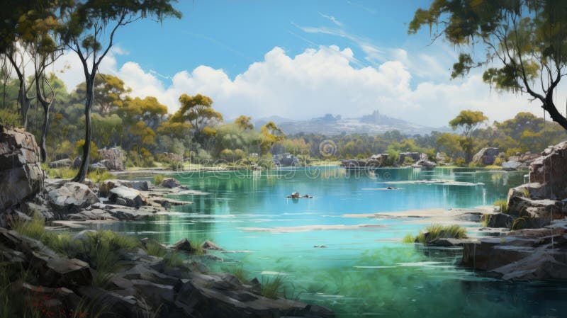Epic Maya Rendered Landscape: Tranquil Lake with Majestic Trees Stock ...