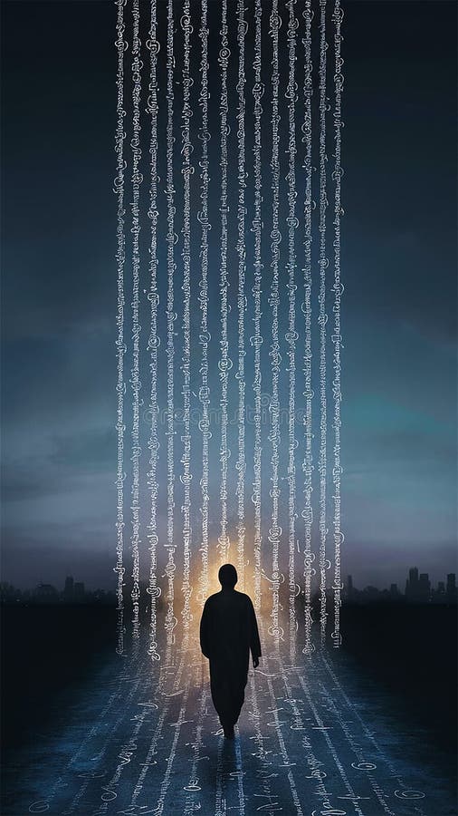 A Single Silhouette, Walking Along a Path Illuminated by a Cascade of ...