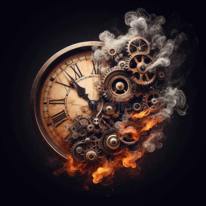 Retro Clock and Gears in Flame Brown Hues Sepia Colors Conceptual ...