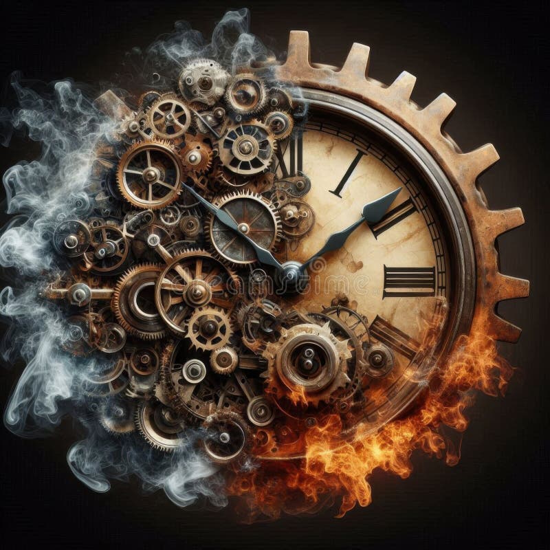 Retro Clock and Gears in Flame Brown Hues Sepia Colors Conceptual ...
