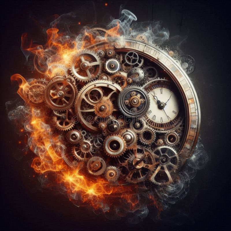 Retro Clock and Gears in Flame Brown Hues Sepia Colors Conceptual ...