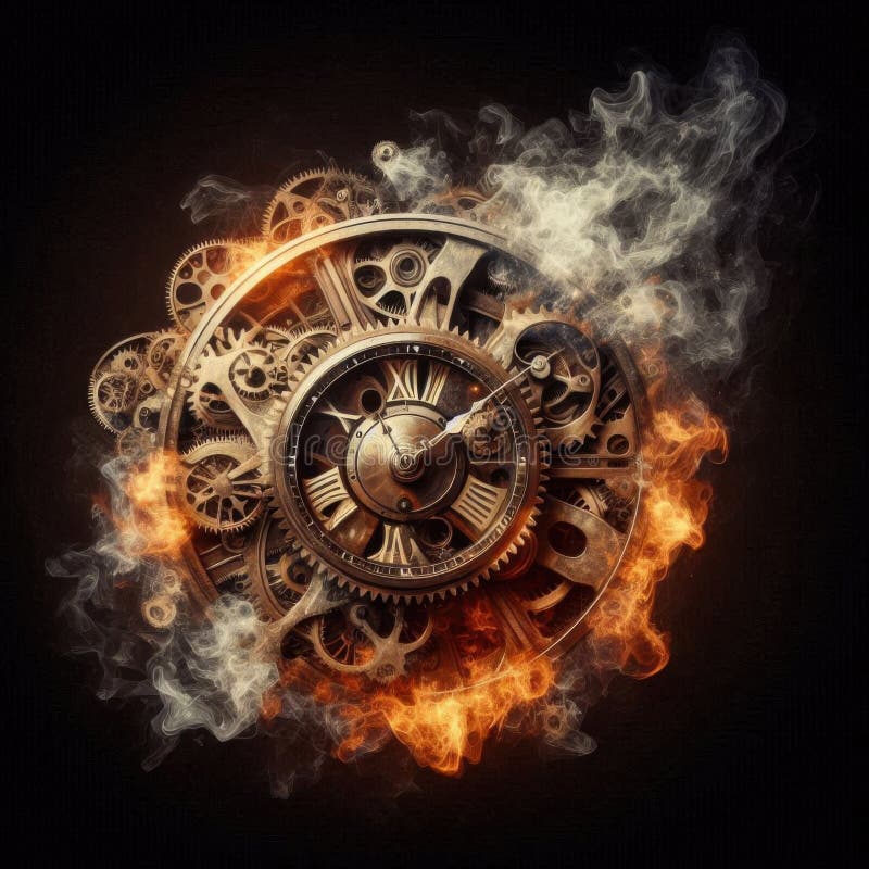 Retro Clock and Gears in Flame Brown Hues Colors Conceptual Composition ...