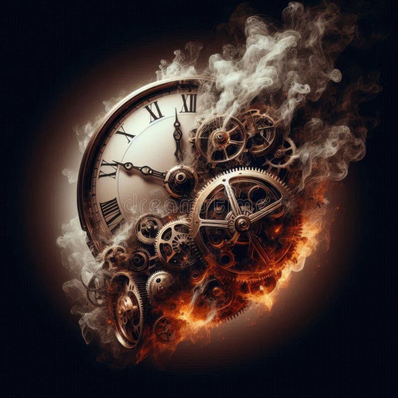 Retro Clock and Gears in Flame Brown Hues Colors Conceptual Composition ...