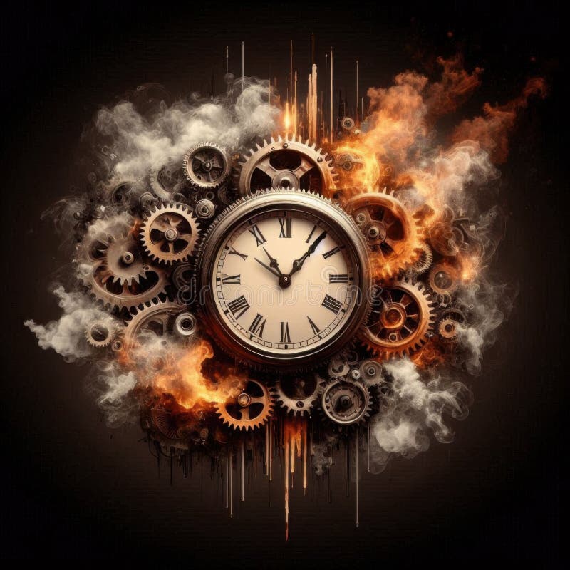 Retro Clock and Gears in Flame Brown Hues Colors Conceptual Composition ...