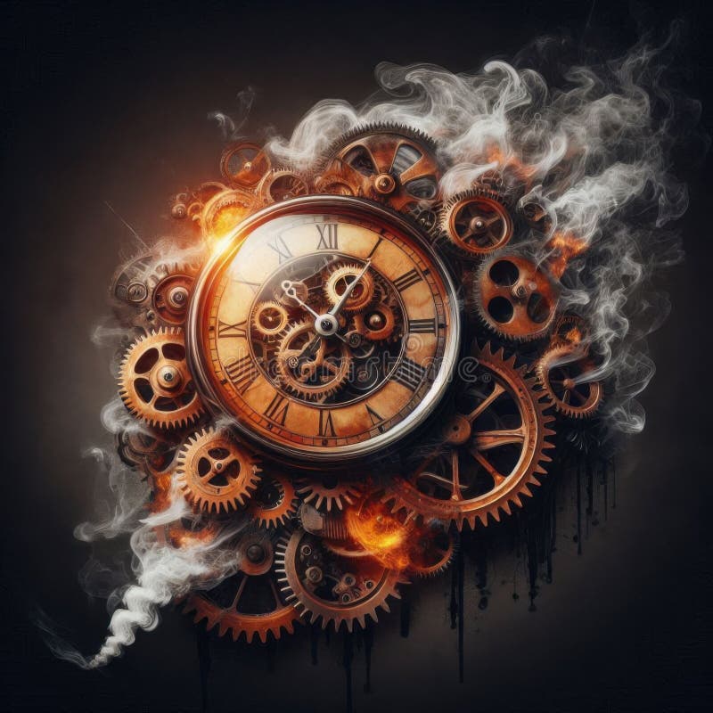 Retro Clock and Gears in Flame Brown Hues Colors Conceptual Composition ...