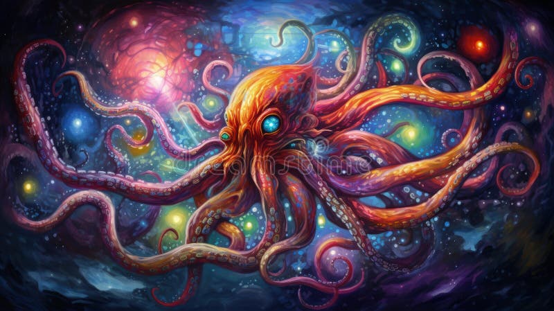 A Mesmerizing Cosmic Dance of a Octopus, Its Tentacles Painted in Vivid ...