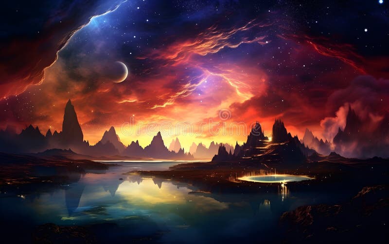 Mesmerizing Cosmic Fantasy Landscape Stock Illustration - Illustration ...