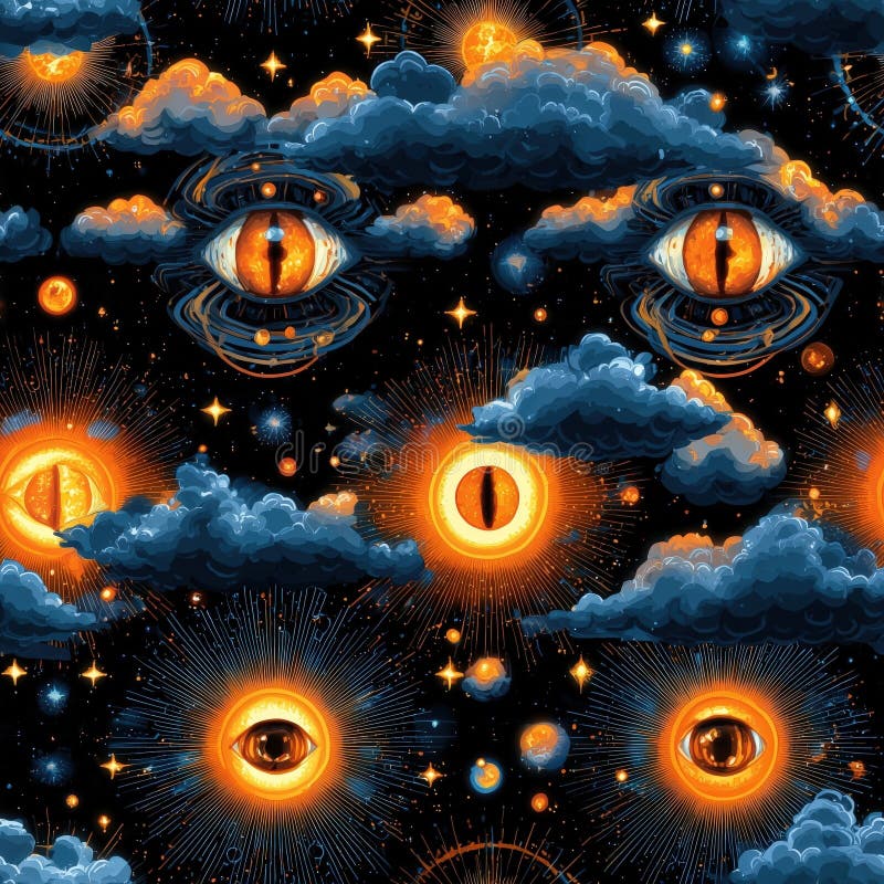 Mystical Cosmic Pattern with Eyes and Stars Over Dark Background ...