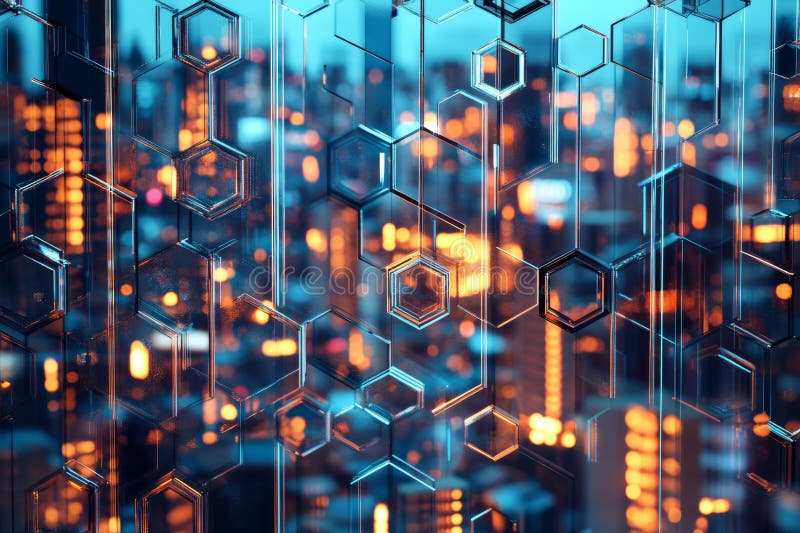 A Mesmerizing 3D Background with Hexagonal Glass Panels Reflecting Neon ...