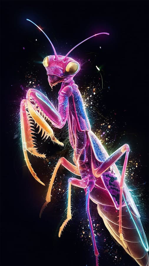 A Mesmerizing 3D Hologram Design Featuring a Neon-colored Mantis Stock Illustration ...
