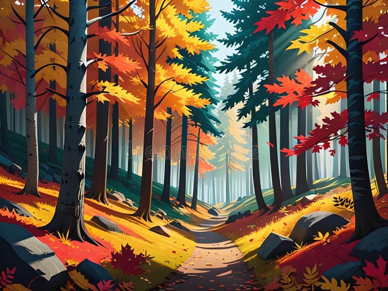Mesmerizing 3D-Illustrated Fall Forest: a Visual Masterpiece Stock ...