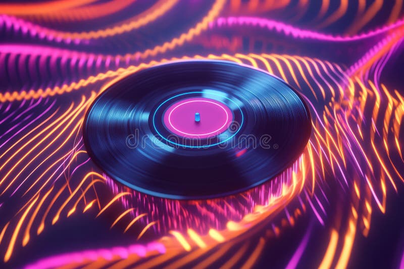 A Mesmerizing 3D Music Background Featuring a Floating Neon Record ...