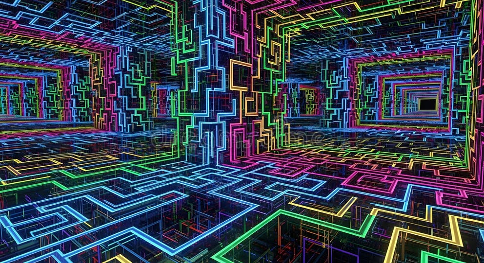 Abstract Neon Maze: Colorful 3D Digital Art Stock Illustration ...