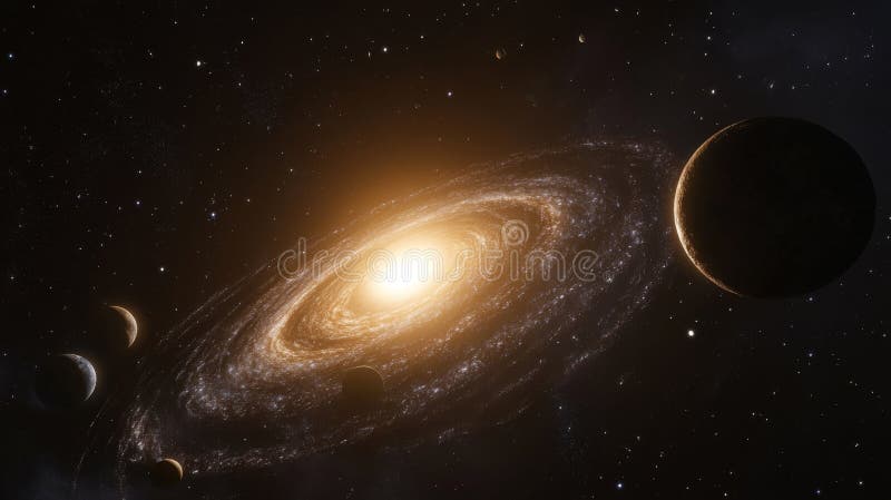 Spiral Galaxy in Deep Space with Orbiting Celestial Bodies Stock Photo ...