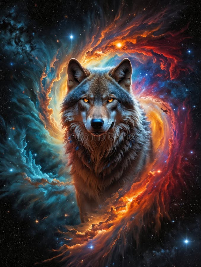 Cosmic Wolf Surrounded by a Vibrant Galactic Nebula in Space Stock ...