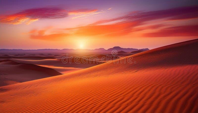 A Mesmerizing Desert Sunset with Rolling Sand Dunes and Warm Vibrant ...