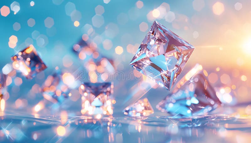 Glistening Diamond Shapes Floating in Abstract Background with Soft ...