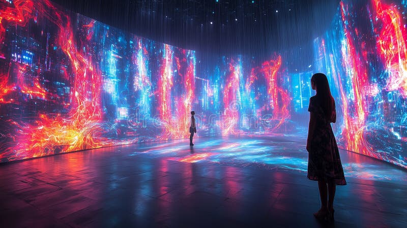 Immersive Futuristic Digital Art Installation with Neon Lights Stock ...
