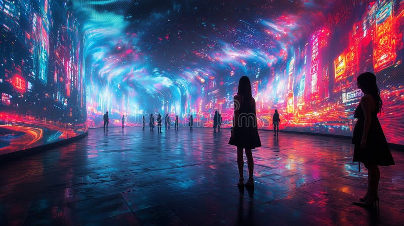 Immersive Futuristic Digital Art Installation with Neon Lights Stock ...