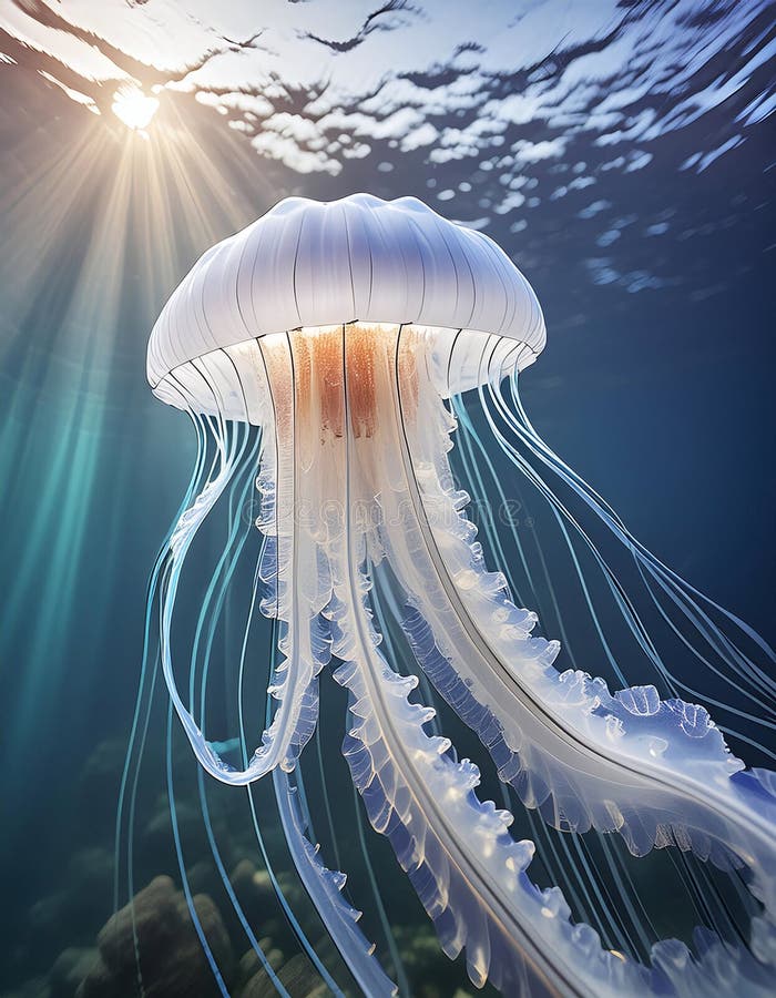 A Mesmerizing Digital Artwork Captures an Ethereal Jellyfish Beneath Sunlit Ocean Waves ...