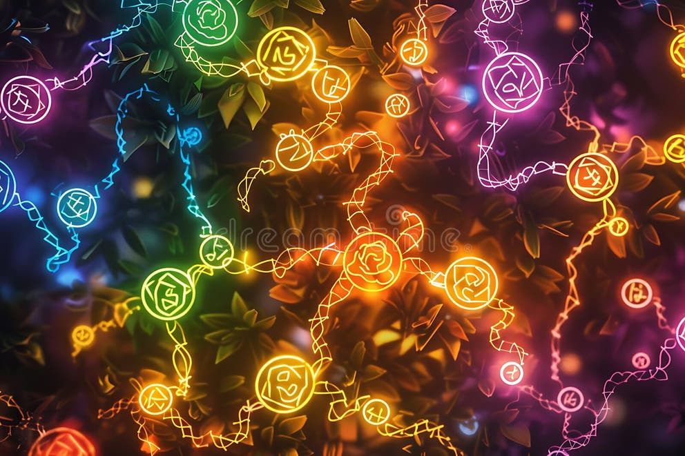 Illuminated Symbiotic Network of Glowing Floral and Abstract Icons ...