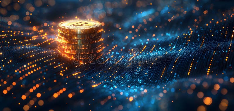 A Mesmerizing Digital Coin Stack Amidst a Flow of Illuminated Data ...