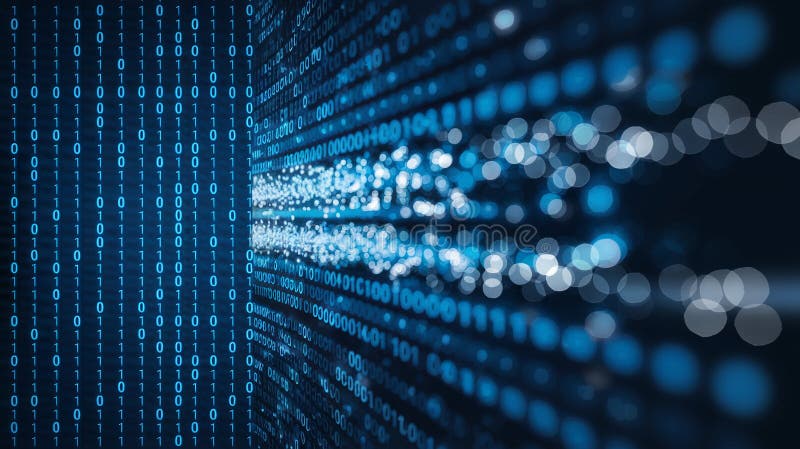 Digital Landscape: Binary Code Rain & Abstract Bokeh Galaxies Stock Illustration - Illustration ...