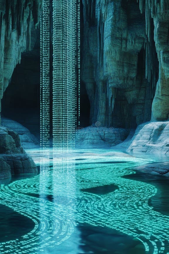 Digital Waterfall of Binary Code Flowing in a Cave Environment Stock ...