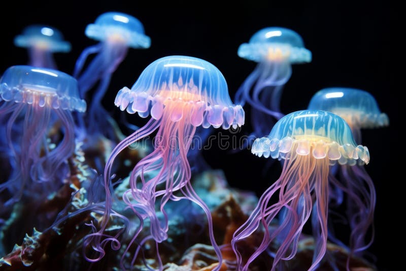 A Mesmerizing Display of Bioluminescent Comb Jellies Stock Illustration ...
