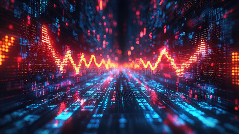 Futuristic Data Stream Visualization with Red Waveform and Blue ...