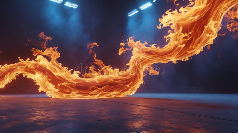 Fiery Flames Dancing in a Dark Arena with Dramatic Lighting and Smoke ...
