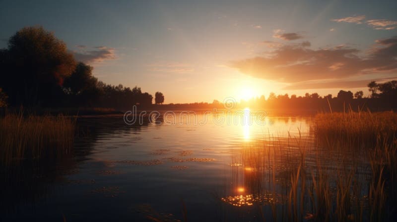 A Mesmerizing Drive Along the Sunset Lake Stock Illustration ...