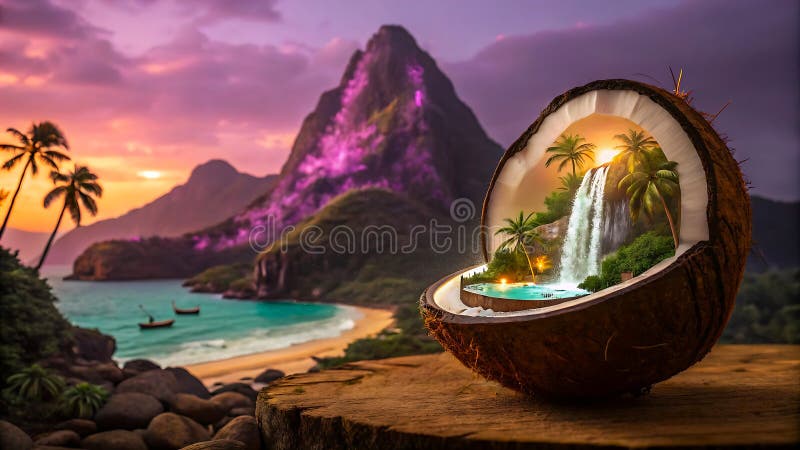 Fantasy Tropical Paradise Inside a Coconut with Waterfall and Palm ...