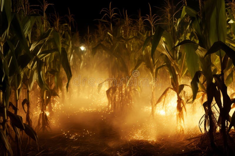 A Mesmerizing Fire at Night Illuminating a Corn Field, Casting Shadows ...