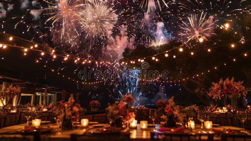 Enchanting Night: Fireworks Display Over Elegant Outdoor Dining Setting ...