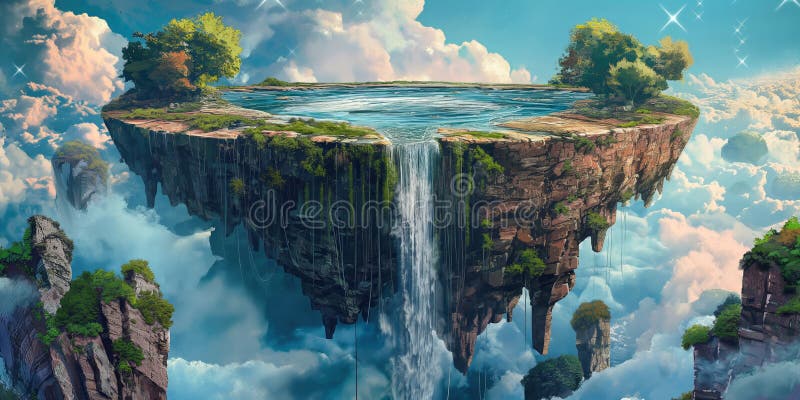 A Mesmerizing Floating Island Surrounded by Clouds, with Water Cascading Down from Its Edges ...