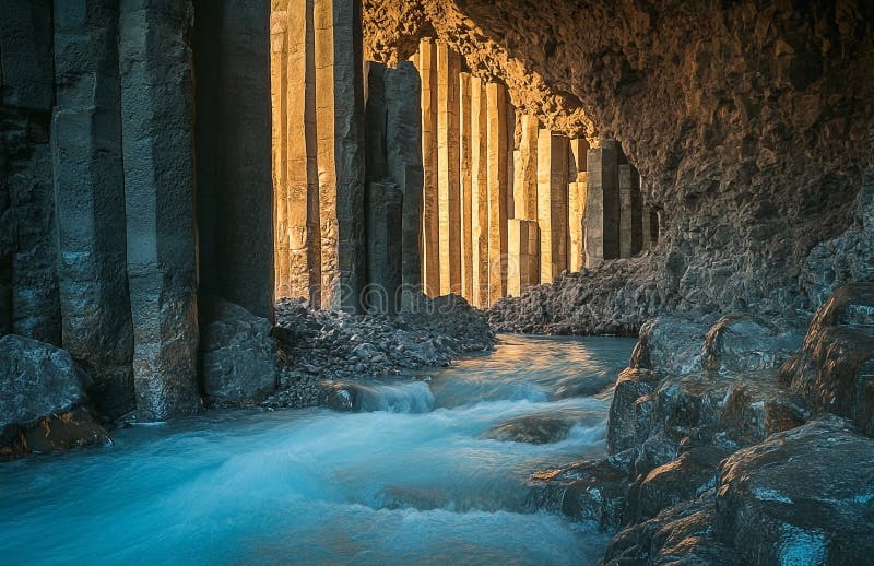 A Mesmerizing Flow of Crystalline River through Basalt Columns Geological Formation Stock ...
