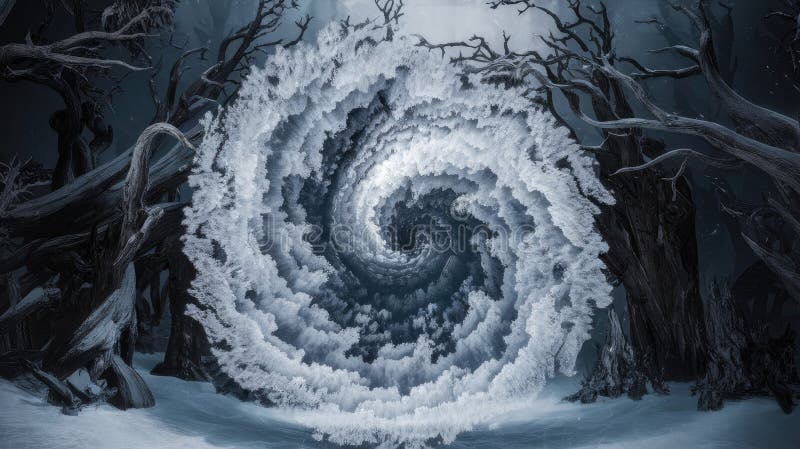 A Mesmerizing Frozen Vortex Spiraling Amid a Dark, Wintry Forest ...