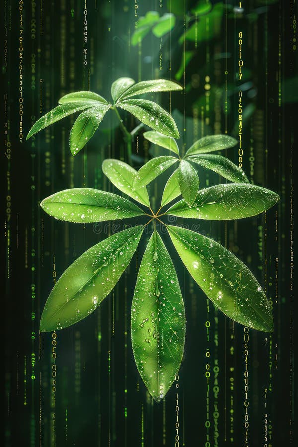 A Mystical Fusion of Nature and Technology Green Leaves with Digital ...
