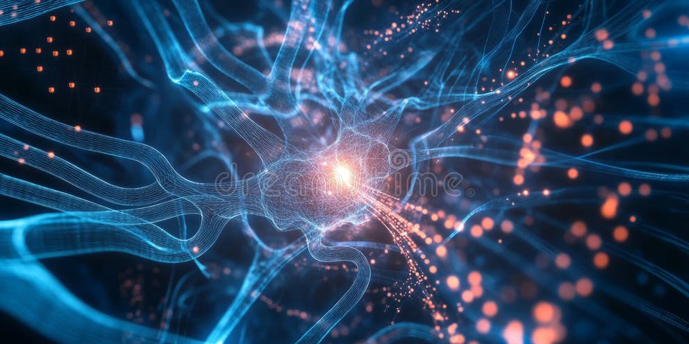 A Mesmerizing Futuristic AI-driven Neural AI Fusion System, Displaying Glowing Cybernetic ...