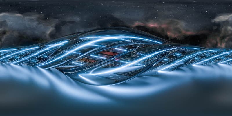 Futuristic Blue Neon Grid Building Structure at Night Under a Starry ...