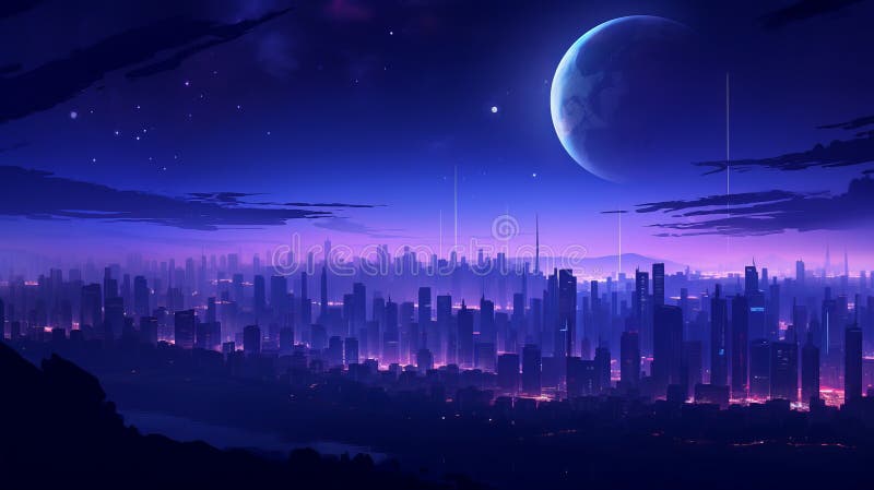 A Mesmerizing Futuristic Cityscape Illuminated by the Moonlight Stock ...