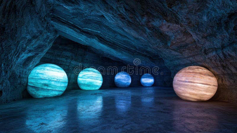 Mesmerizing Glowing Spheres in Otherworldly Cave Stock Illustration ...