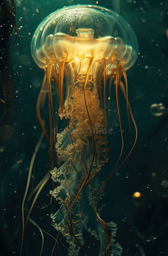 Golden Jellyfish in the Depths of the Sea. Stock Illustration ...