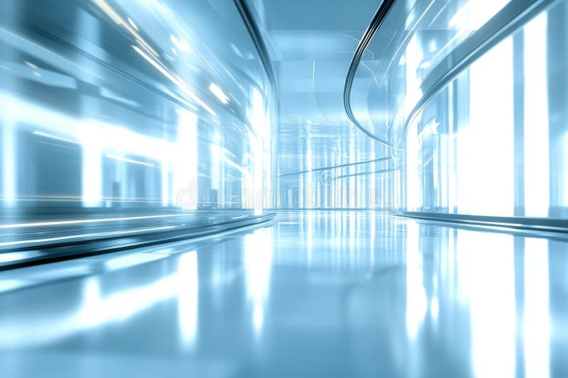 A Mesmerizing Hallway Stretches Endlessly, Illuminated by a Soft Blue ...