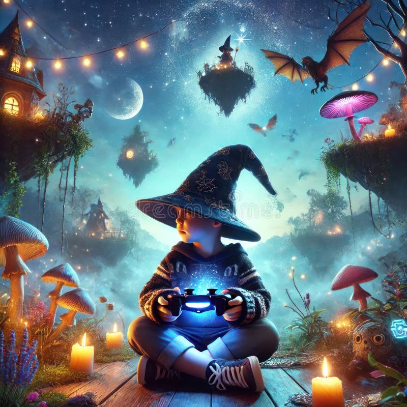 Child Wizard Gaming in Enchanted Forest with Floating Islands and ...