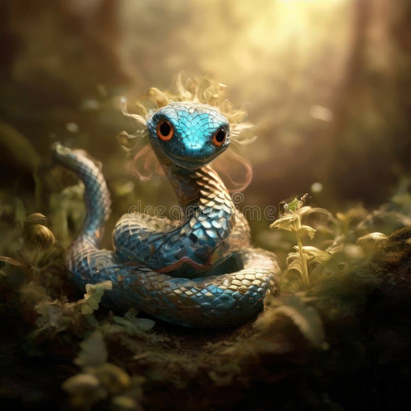 Enchanting Blue Snake with Large Eyes in a Magical Forest Setting Stock ...