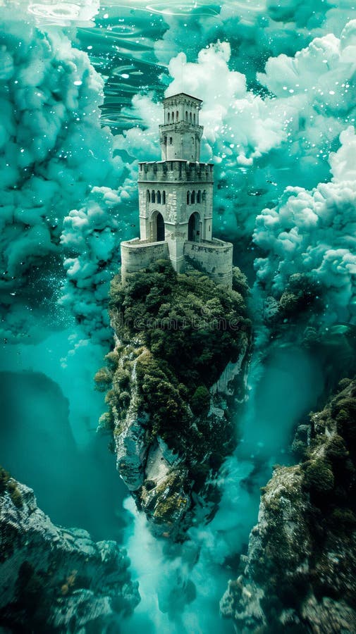 Enchanted Floating Tower Surrounded by Dramatic Turbulent Clouds in a ...