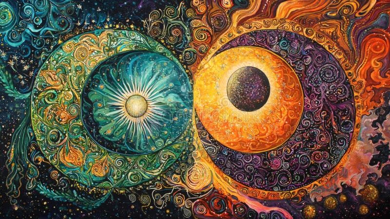 Cosmic Balance Depicting Sun and Moon in Vibrant Abstract Artistic ...